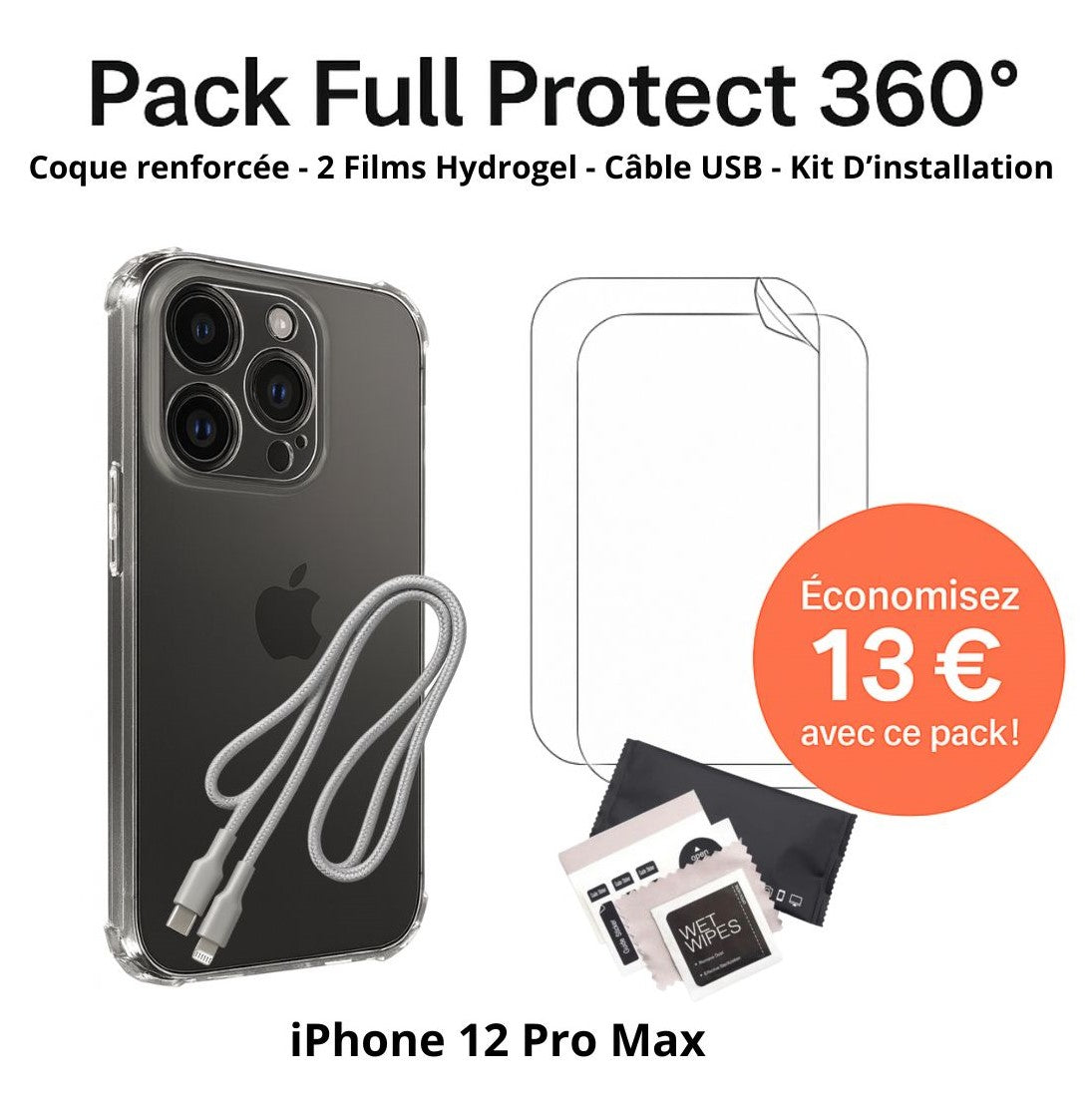 Pack Full Protect 360° iPhone 12 Pro Max – Coque + 2 Films Hydrogel ...